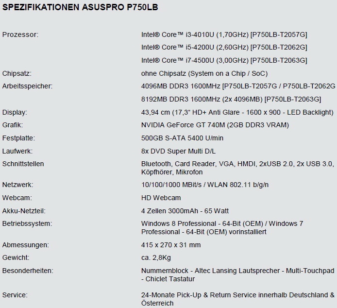 Asuspro P750LB: 17,3-Zoll-Business-Notebooks ab sofort erhältlich ...