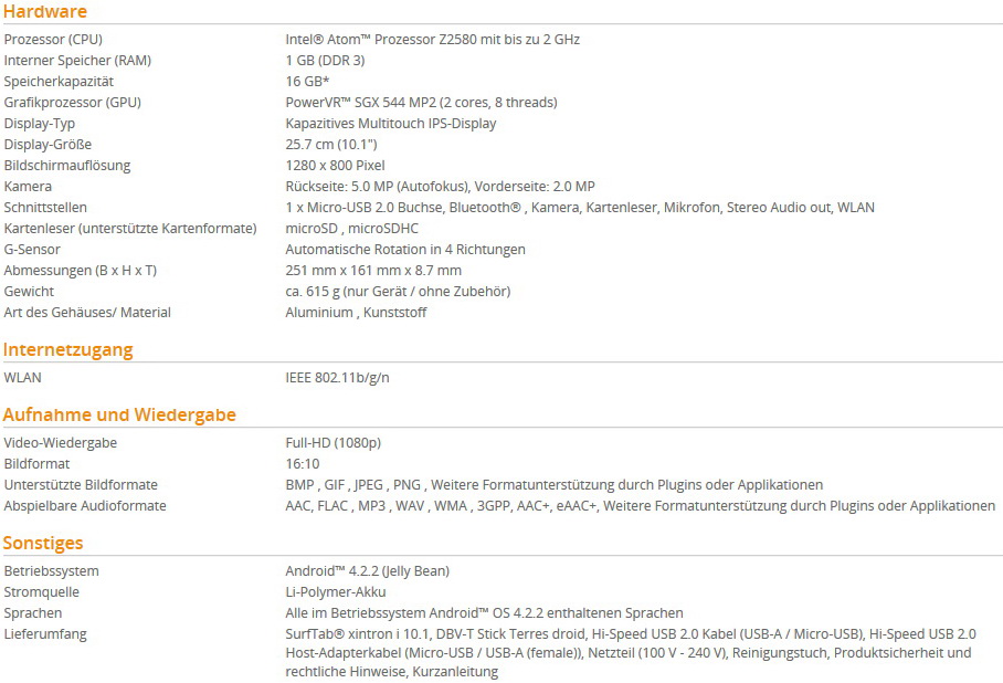 SurfTab xintron i 10.1: Android-Tablet mit Intel Atom Z2580 und DVB-T ...