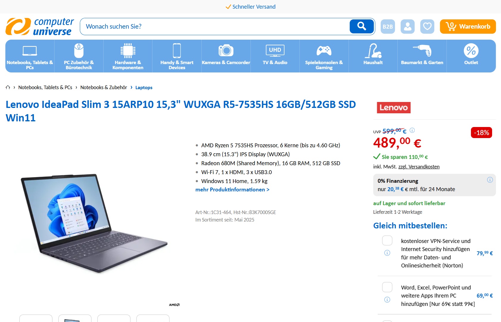 Viel Power im kompakten Format: Office-Notebook mit Ryzen 5 (35 Watt) und 16 GB RAM im Angebot ...