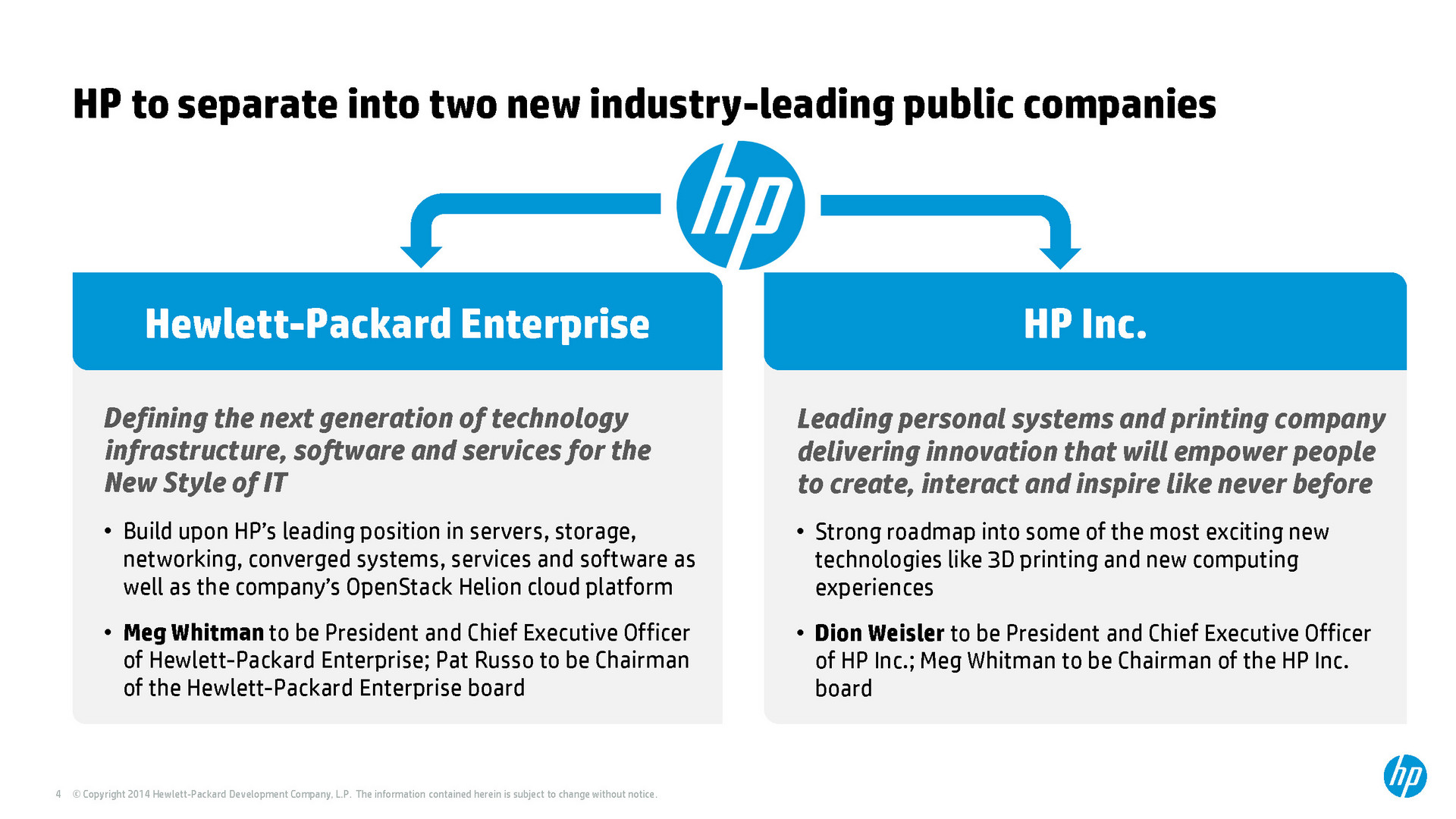 HP: Aufspaltung der Geschäfte in Hewlett-Packard Enterprise und HP Inc ...
